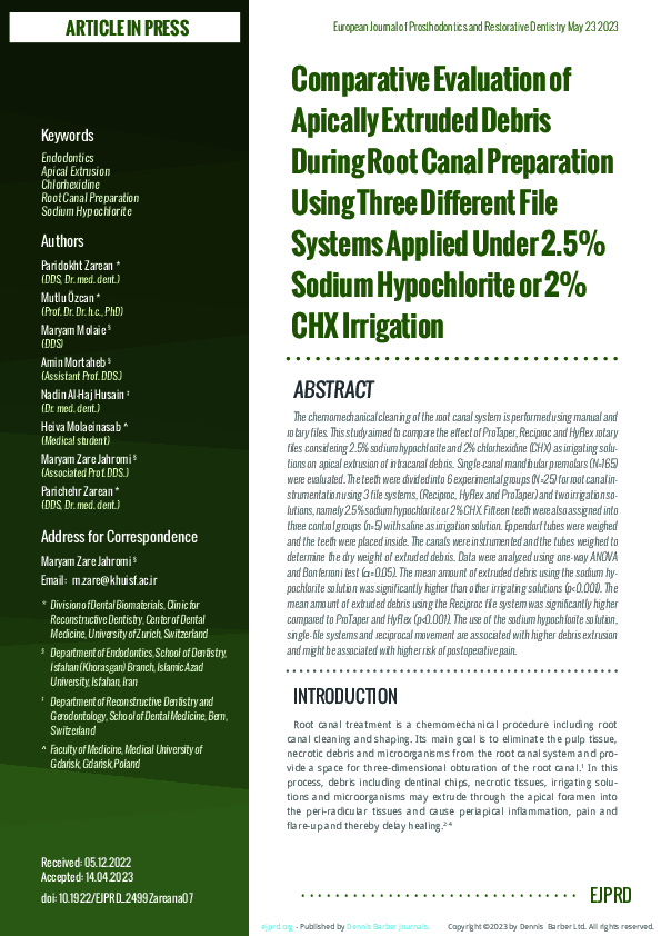 (PDF) Comparative Evaluation of Apically Extruded Debris During Root Canal Preparation Using ...