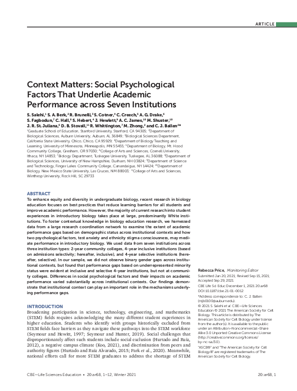 (PDF) Context Matters: Social Psychological Factors That Underlie Academic Performance across ...
