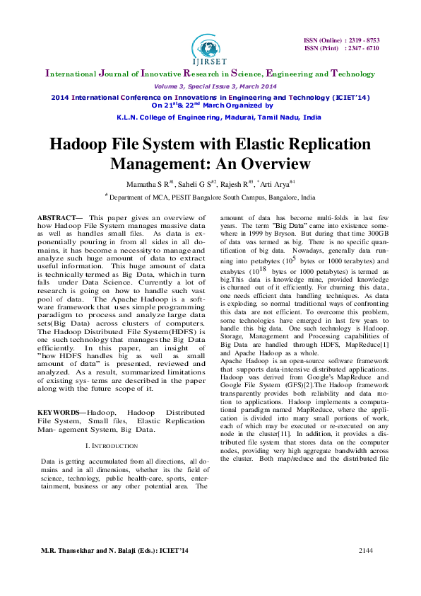 (PDF) Hadoop File System with Elastic ReplicationManagement: An Overview