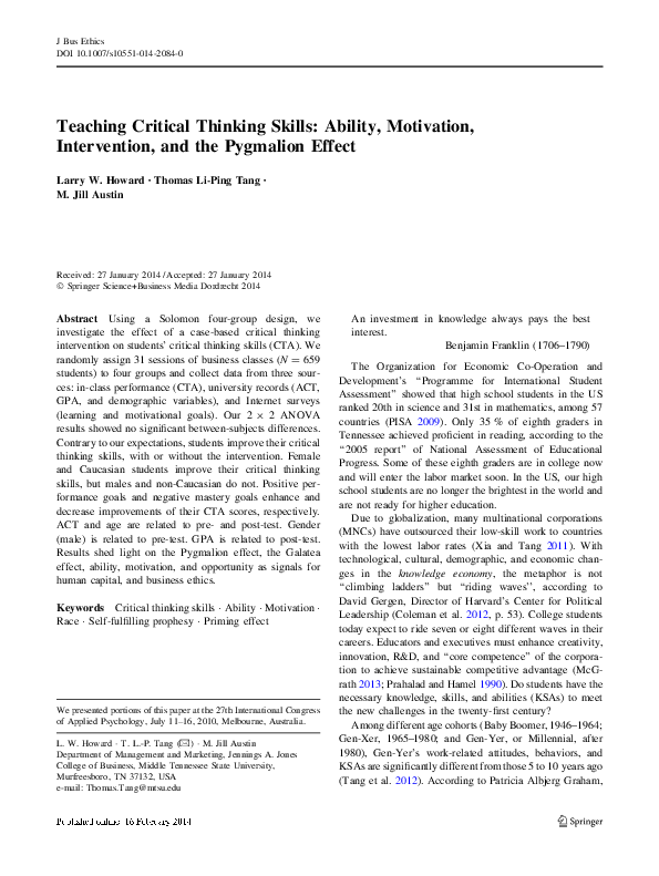 (PDF) Teaching Critical Thinking Skills: Ability, Motivation, Intervention, and the Pygmalion Effect
