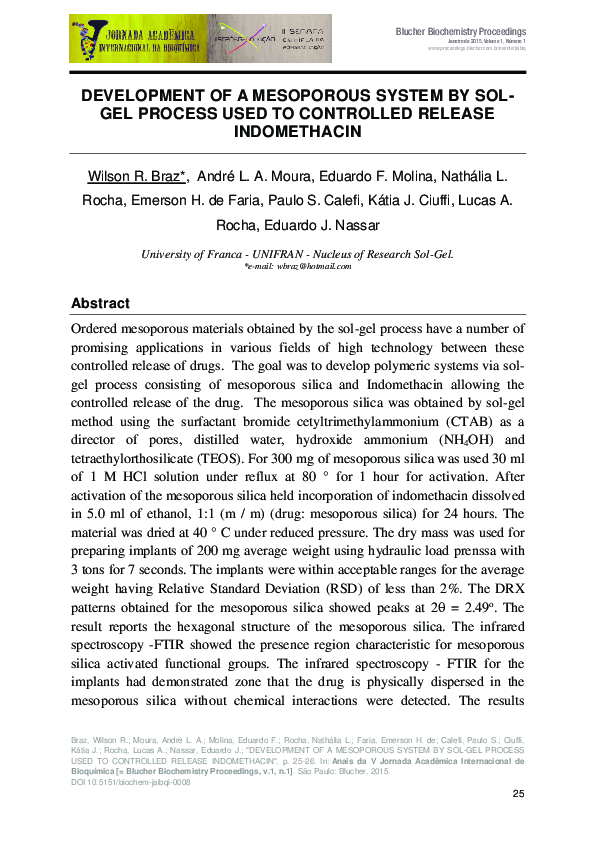 Pdf Development Of A Mesoporous System By Sol Gel Process Used To Controlled Release Indomethacin