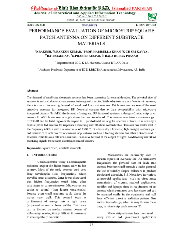 (PDF) Performance Evaluation of Microstrip Square Patch Antenna on Different Substrate Materials ...