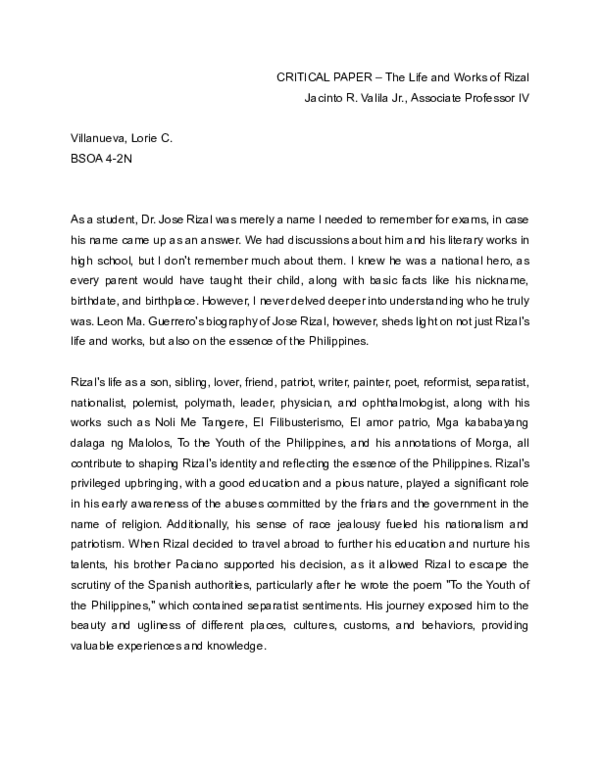 (PDF) CRITICAL PAPER -The Life and Works of Rizal