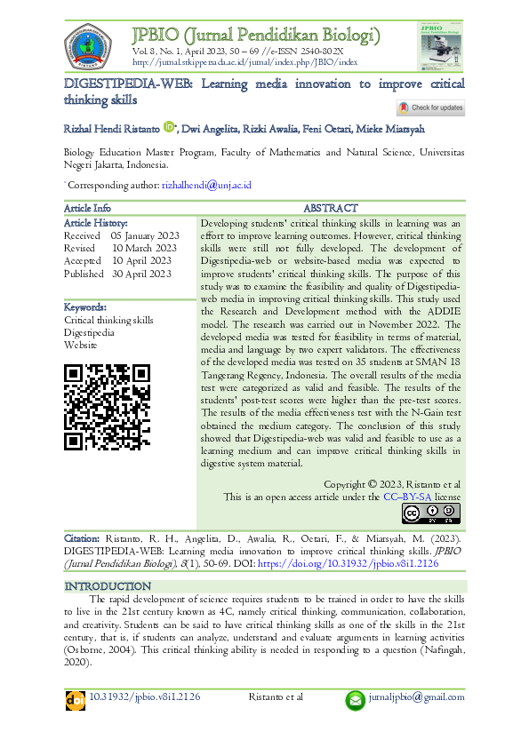 (PDF) DIGESTIPEDIA-WEB: Learning media innovation to improve critical thinking skills