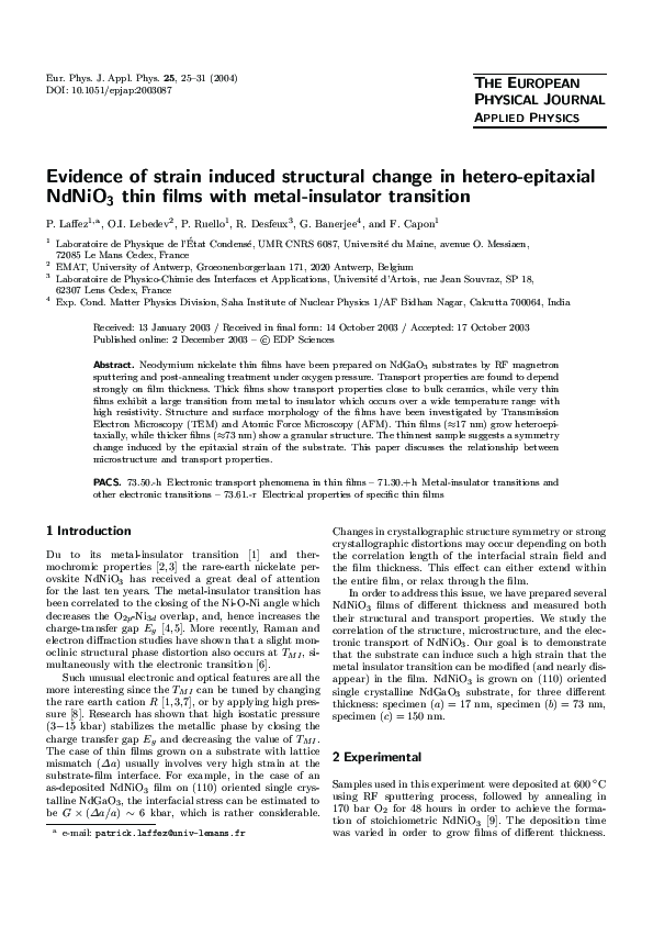 (PDF) Evidence of strain induced structural change in hetero-epitaxial NdNiO3thin films with ...