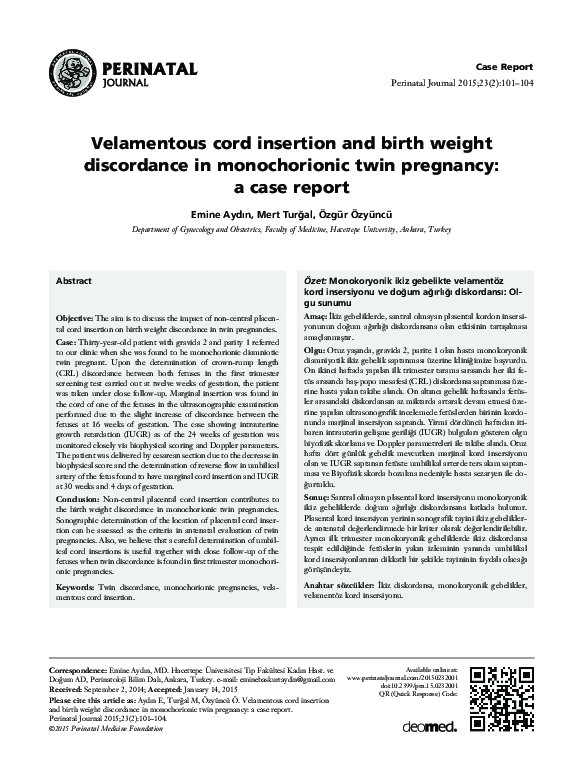 (PDF) Velamentous cord insertion and birth weight discordance in ...