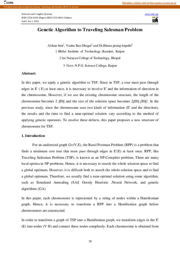 Pdf Genetic Algorithm To Traveling Salesman Problem Bhanu Tripathi 