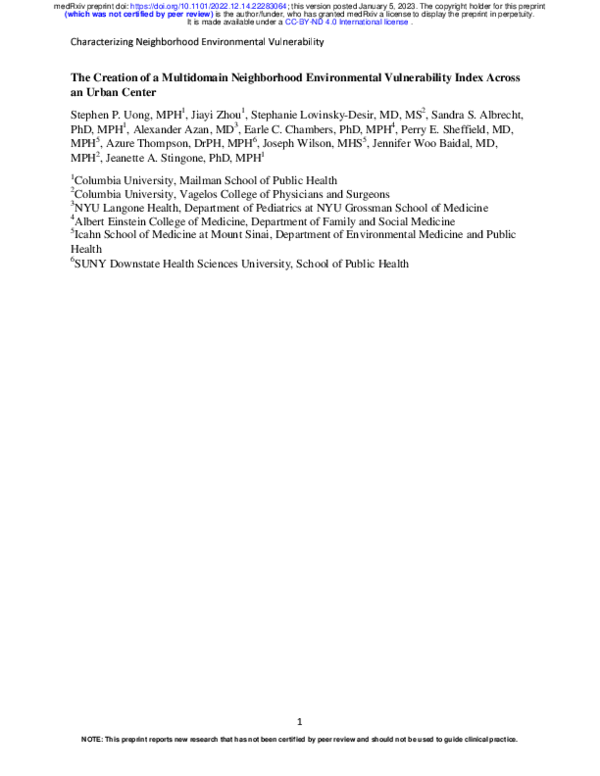 Pdf The Creation Of A Multidomain Neighborhood Environmental Vulnerability Index Across An