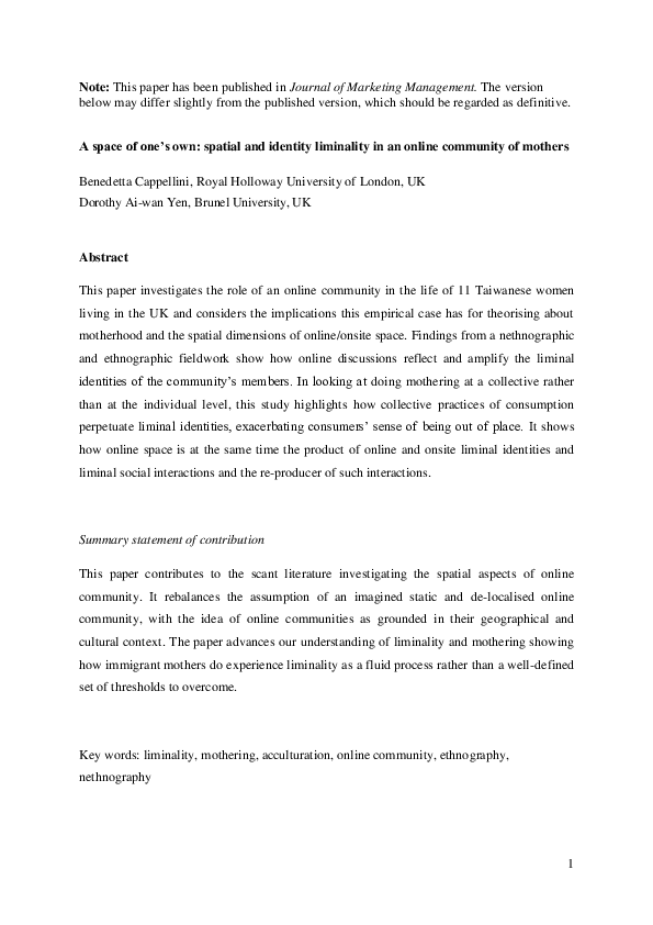 (PDF) A space of one’s own: spatial and identity liminality in an ...
