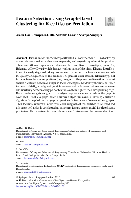(PDF) Feature Selection Using Graph-Based Clustering for Rice Disease Prediction