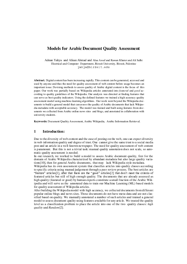 (PDF) Models for Arabic Document Quality Assessment