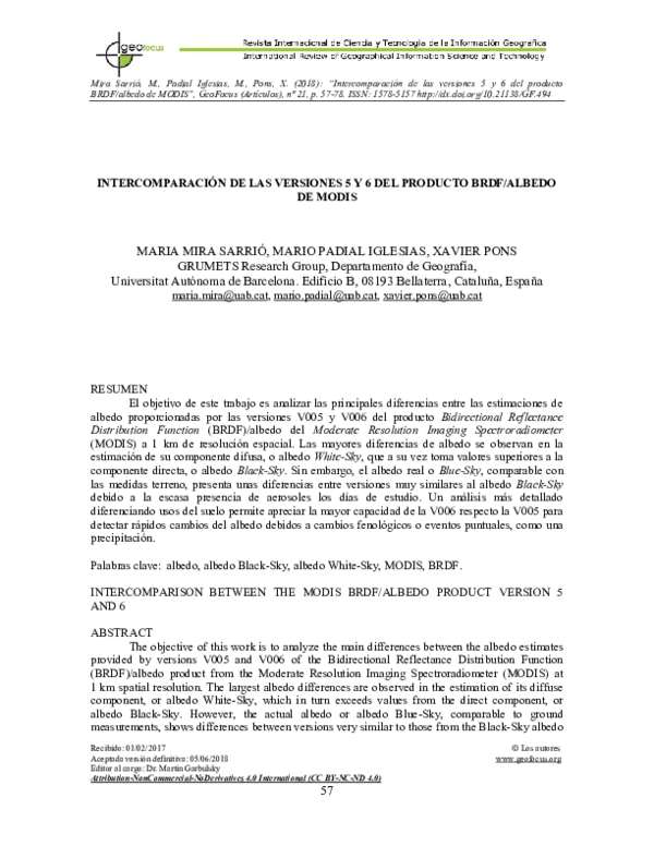 (PDF) Intercomparación De Las Versiones 5 y 6 Del Producto BRDF/Albedo ...