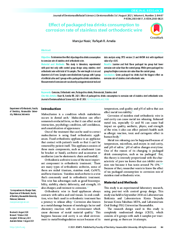 (PDF) Effect of packaged tea drinks consumption to corrosion rate of stainless steel orthodontic ...