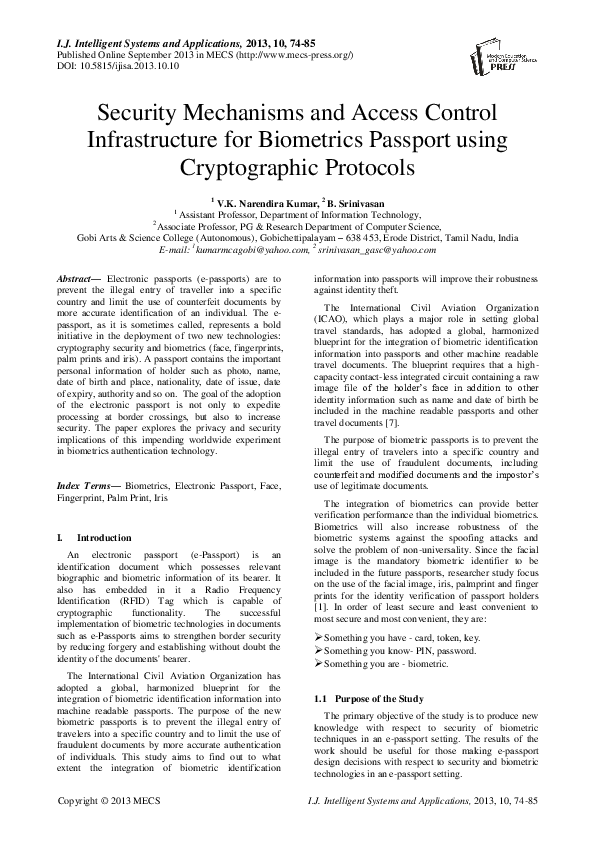 (PDF) Security Mechanisms and Access Control Infrastructure for Biometrics Passport using ...