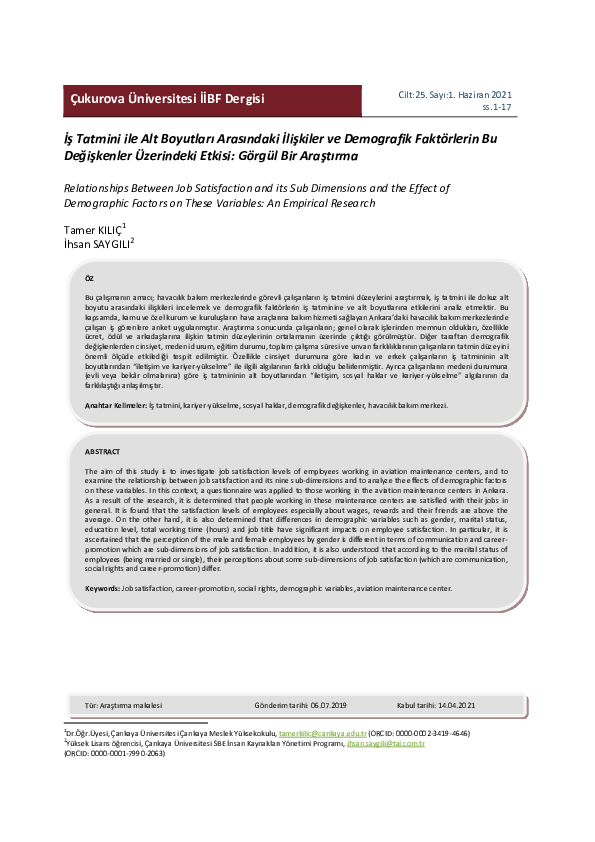 (PDF) İş Tatmini ile Alt Boyutları Arasındaki İlişkiler ve Demografik ...