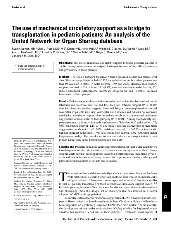 (PDF) The use of mechanical circulatory support as a bridge to transplantation in pediatric ...