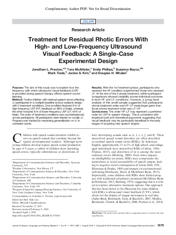(PDF) Treatment for Residual Rhotic Errors With High- and Low-Frequency Ultrasound Visual ...
