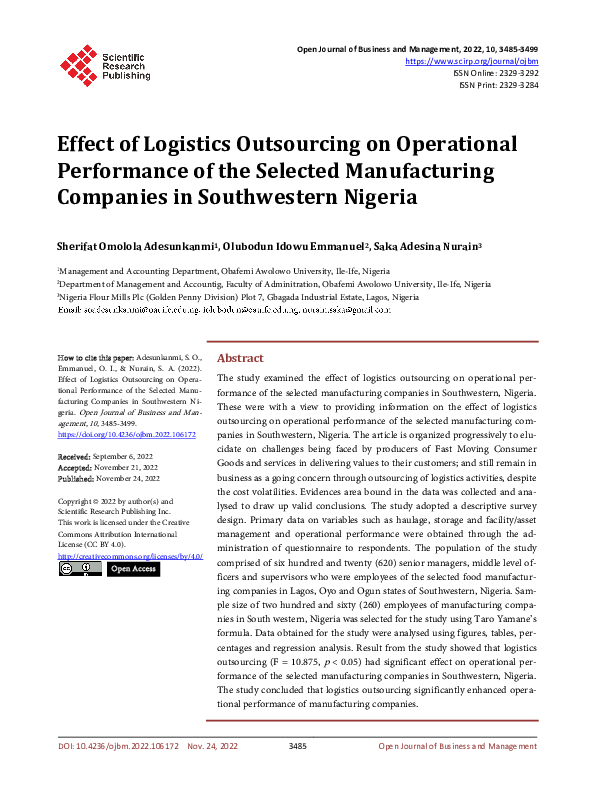 (PDF) Effect of Logistics Outsourcing on Operational Performance of the ...