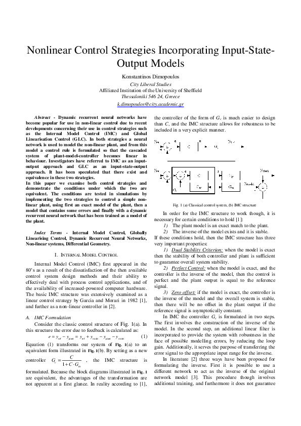 (PDF) Nonlinear Control Strategies Incorporating Input-State- Output Models