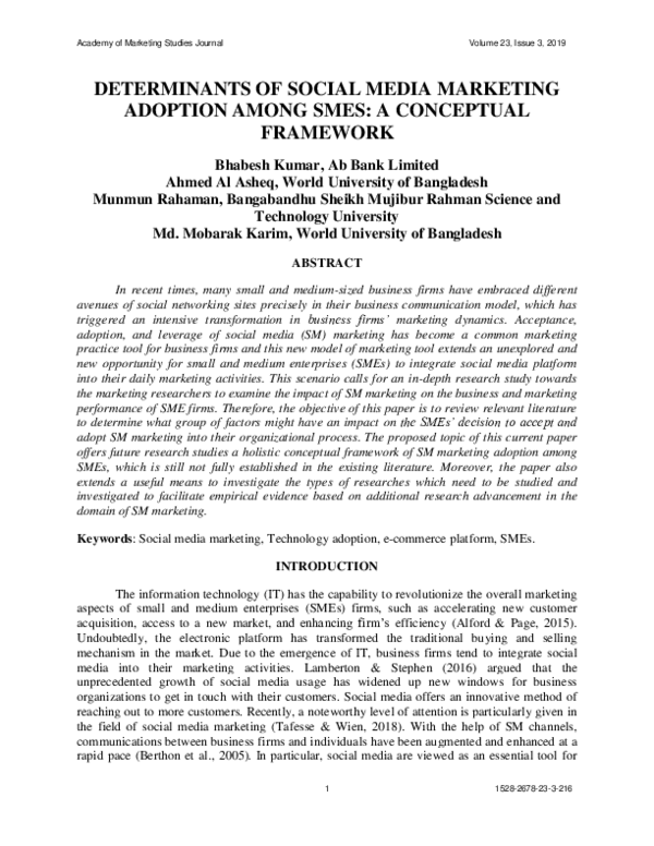 Pdf Determinants Of Social Media Marketing Adoption Among Smes A Conceptual Framework