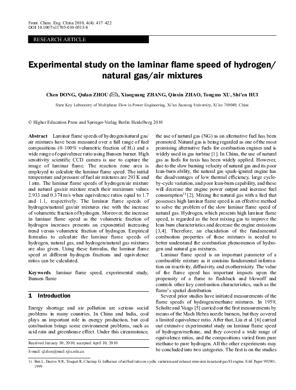 (PDF) Experimental study on the laminar flame speed of hydrogen/natural gas/air mixtures