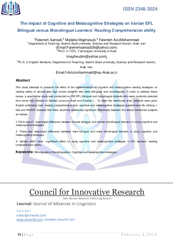 (PDF) The Impact of Cognitive and Metacognitive Strategies on Iranian EFL Bilingual versus ...