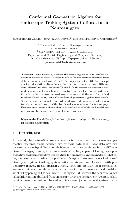 (PDF) Conformal Geometric Algebra for Endoscope-Traking System Calibration in Neurosurgery