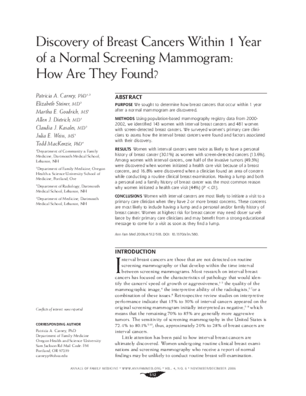 (PDF) Discovery of Breast Cancers Within 1 Year of a Normal Screening ...