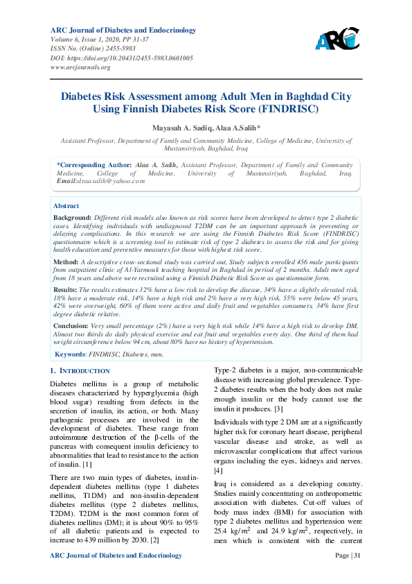 (PDF) Diabetes Risk Assessment among Adult Men in Baghdad City Using ...