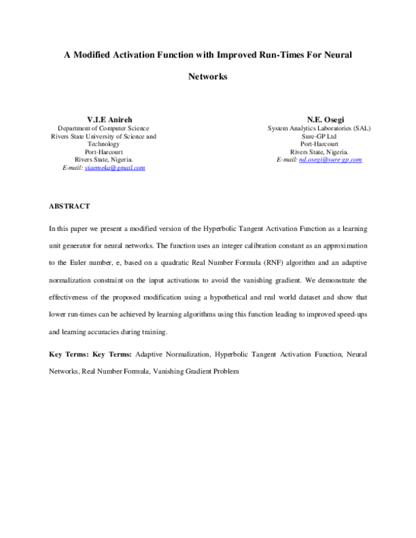 Pdf A Modified Activation Function With Improved Run Times For Neural