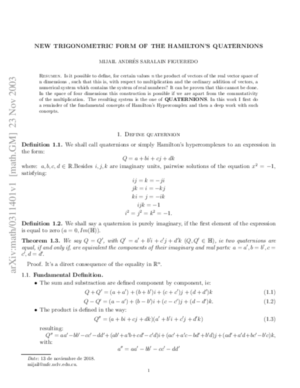 (PDF) New Trigonometric form of The Hamilton's Quaternions