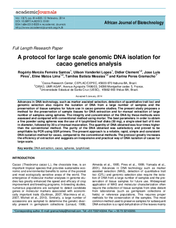 Pdf A Protocol For Large Scale Genomic Dna Isolation For Cacao Genetics Analysis