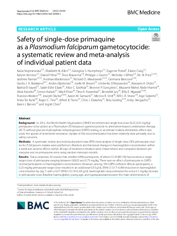 (PDF) Safety of single-dose primaquine as a Plasmodium falciparum ...
