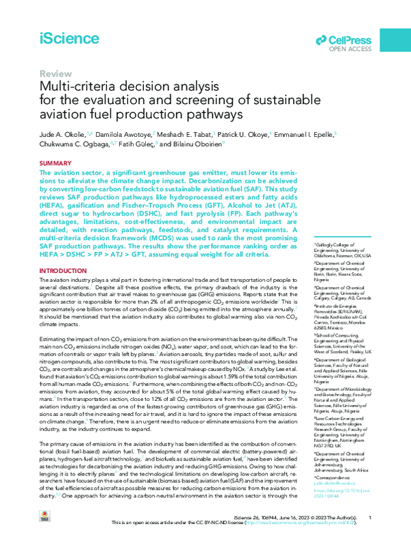 (PDF) Multi-criteria decision analysis for the evaluation and screening of sustainable aviation ...