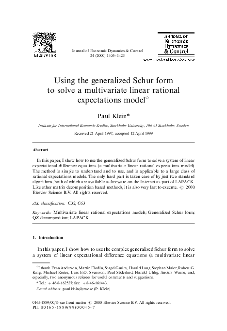 (PDF) Using the generalized Schur form to solve a multivariate linear ...