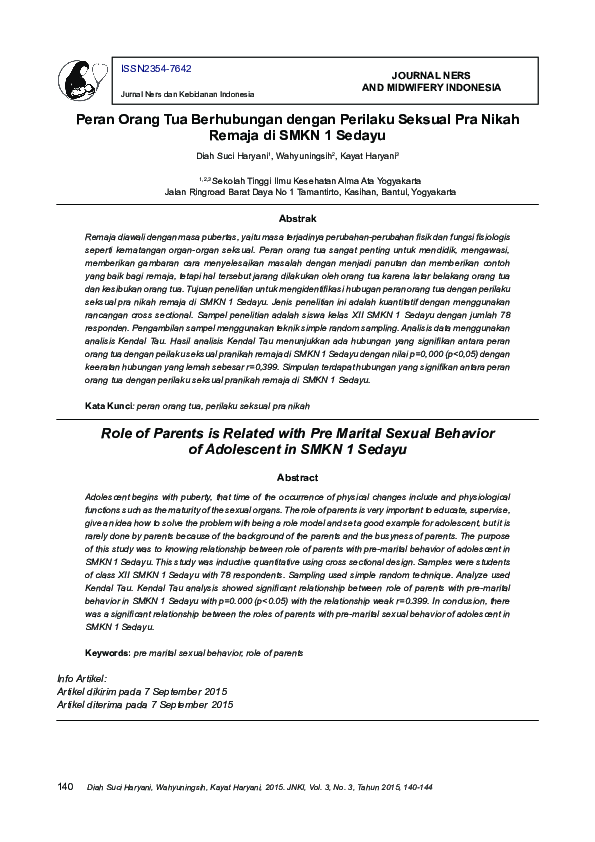 (PDF) Peran Orang Tua Berhubungan dengan Perilaku Seksual Pra Nikah Remaja di SMKN 1 Sedayu