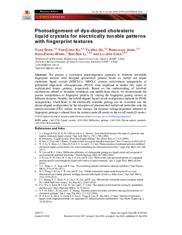 (PDF) Photoalignment of dye-doped cholesteric liquid crystals for electrically tunable patterns ...