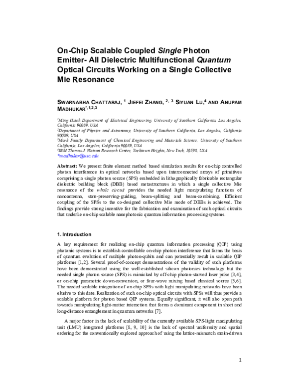 (PDF) On-Chip Scalable Coupled Single Photon Emitter- All Dielectric Multifunctional Quantum ...