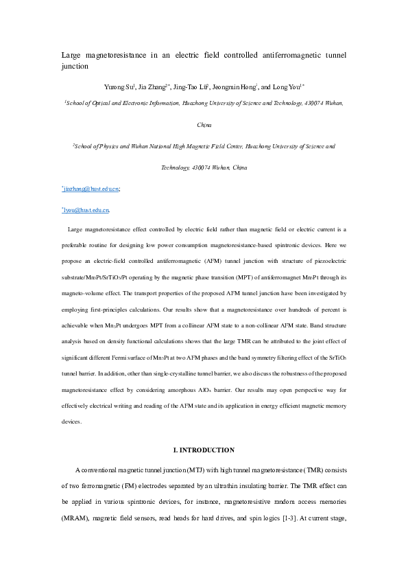 (PDF) Large Magnetoresistance in an Electric-Field-Controlled ...