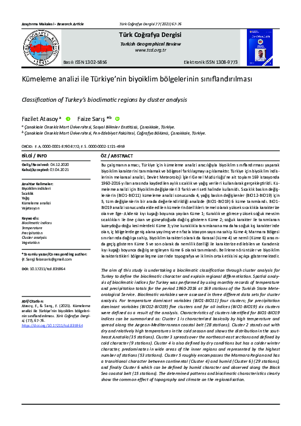 (PDF) Classification of Turkey’s bioclimatic regions by cluster analysis