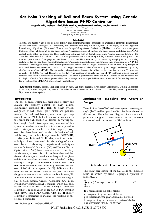 (PDF) Set point tracking of Ball and Beam System Using Genetic Algorithm based PI-PD Controller