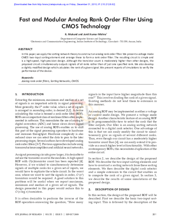 (PDF) Fast and Modular Analog Rank Order Filter Using CMOS Technology