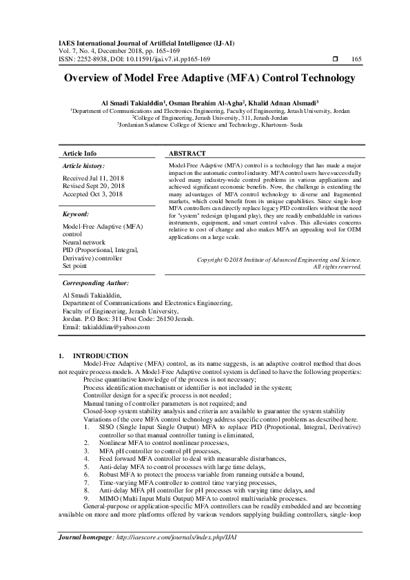 (PDF) Overview of Model Free Adaptive (MFA) Control Technology