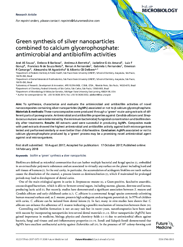 (PDF) Green synthesis of silver nanoparticles combined to calcium glycerophosphate ...