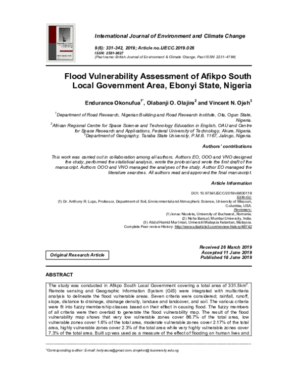 (PDF) Flood Vulnerability Assessment of Afikpo South Local Government Area, Ebonyi State ...