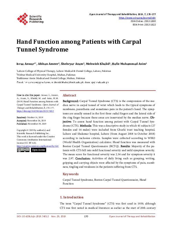 (PDF) Hand Function among Patients with Carpal Tunnel Syndrome
