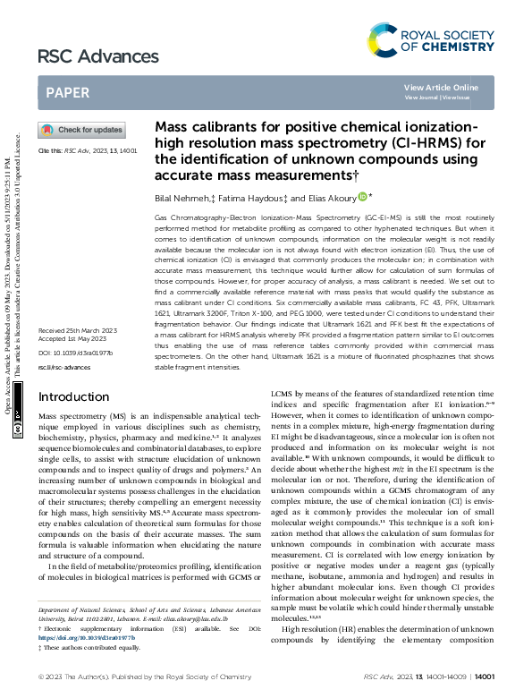 (PDF) Mass calibrants for positive chemical ionization-high resolution ...