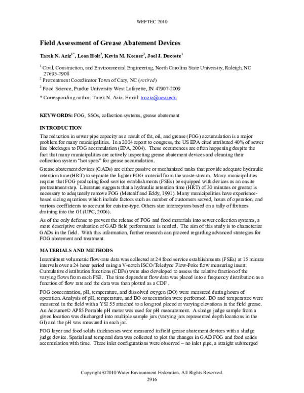 (PDF) Field Assessment of Grease Abatement Devices