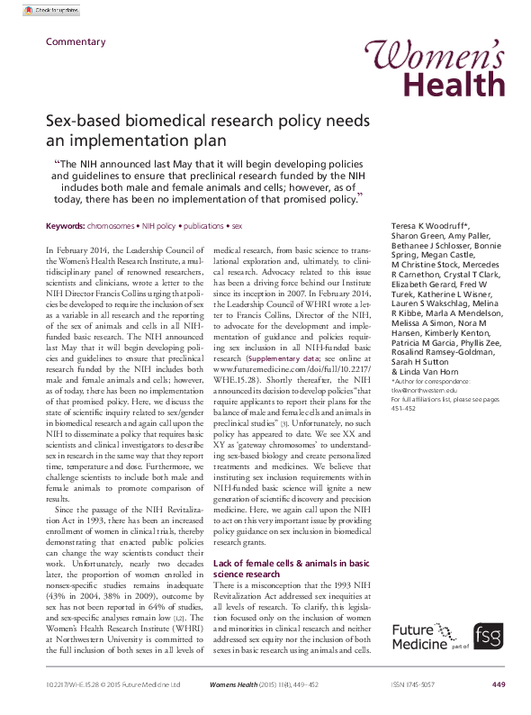 Pdf Sex Based Biomedical Research Policy Needs An Implementation Plan
