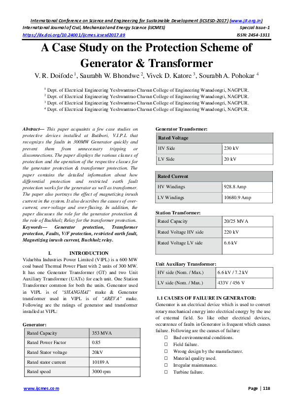 (PDF) A Case Study on the Protection Scheme of Generator & Transformer